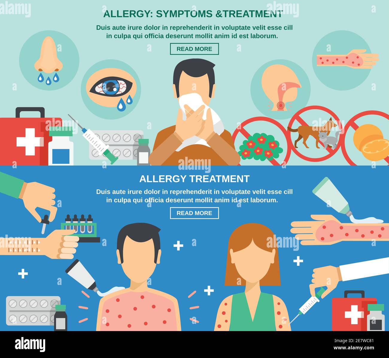Allergy horizontal banner set with symptoms and treatment isolated ...