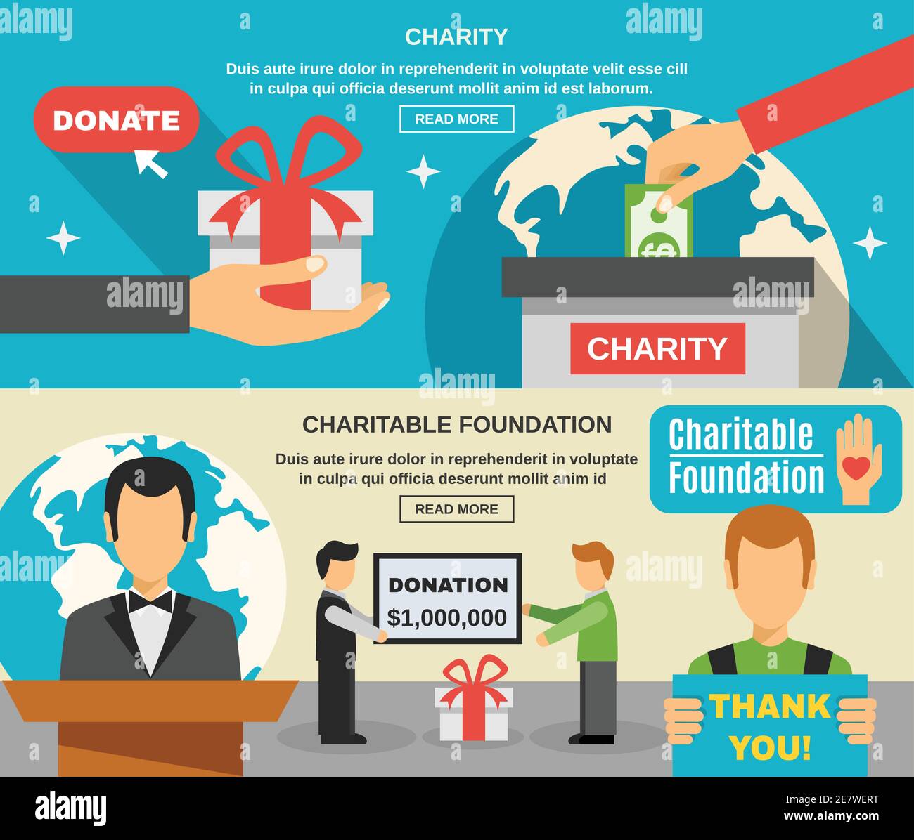 Charity and donations horizontal banners set with people and world ...