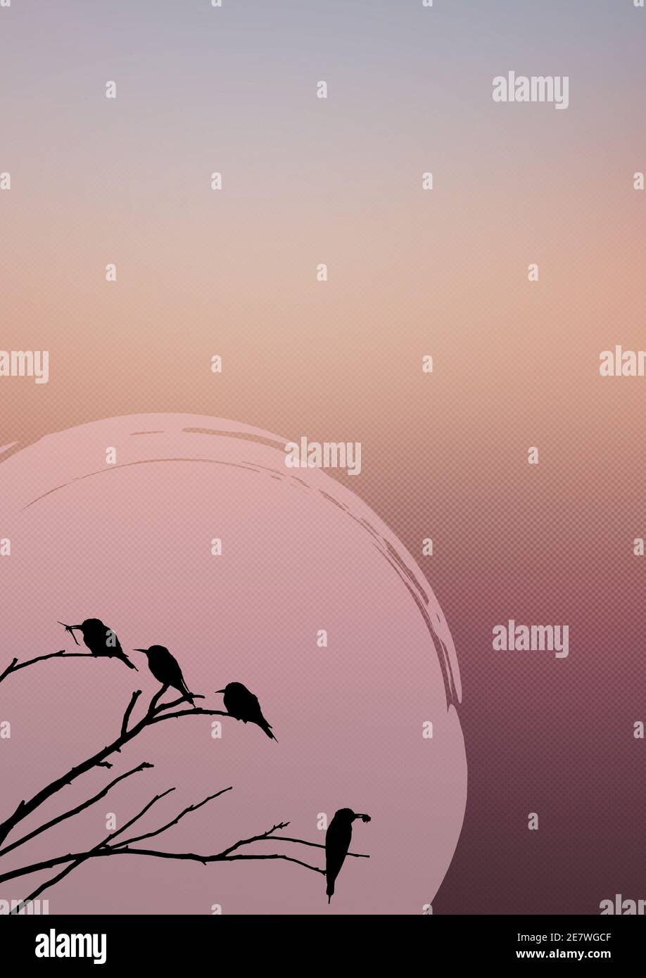 Vertical illustration of some birds silhouette on a huge and pink moon ...