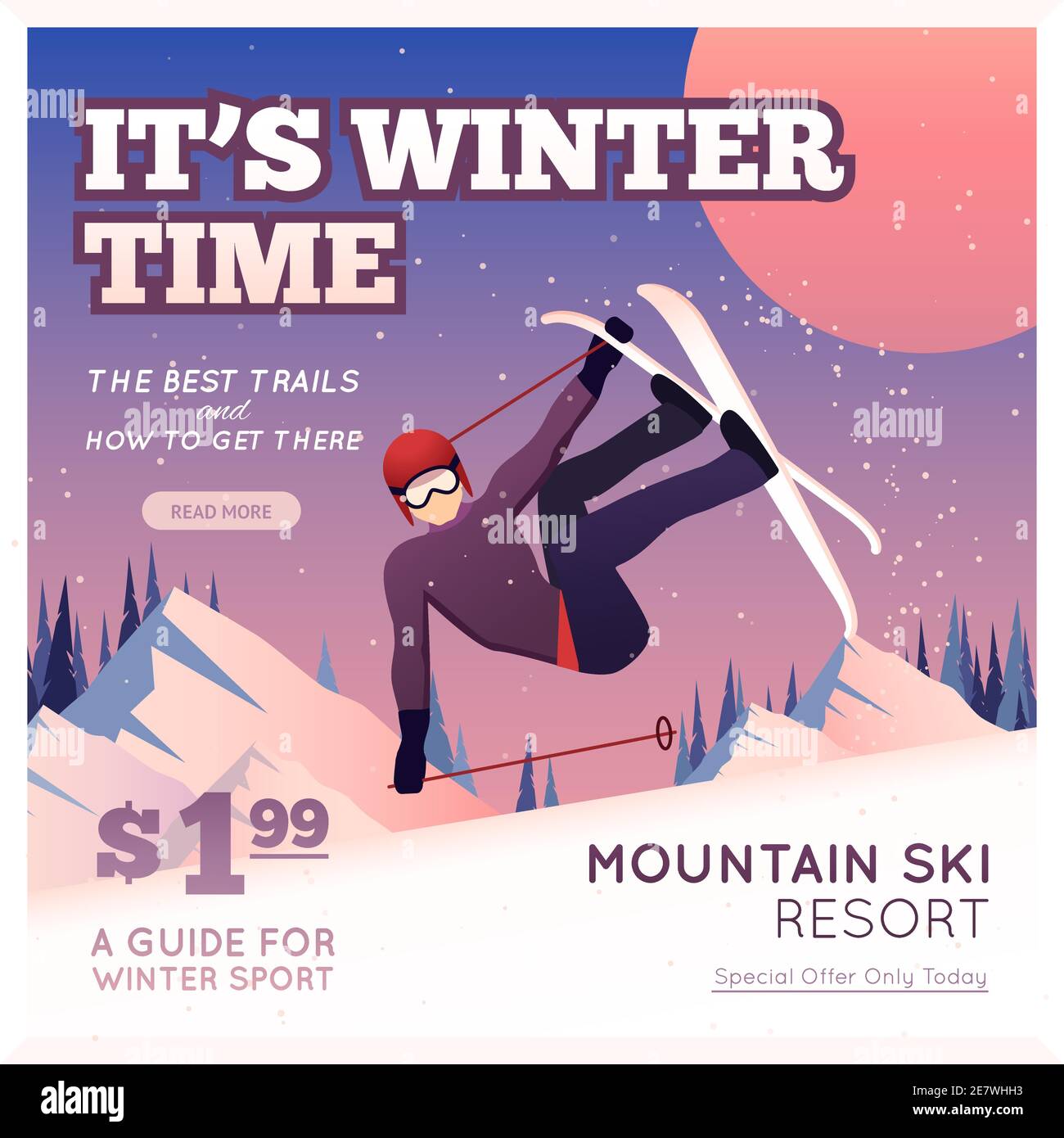 Winter sport poster with person in skies and mountains on background ...
