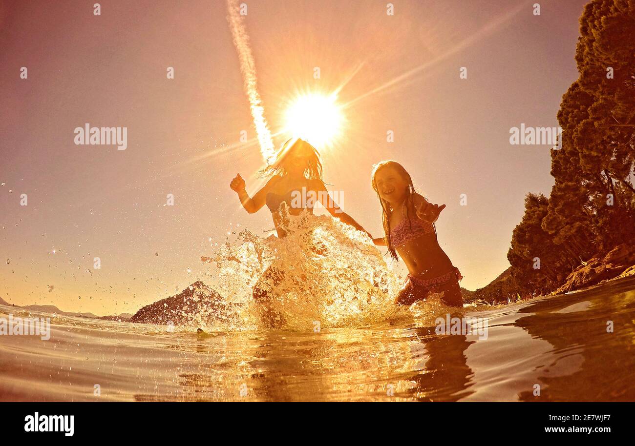 Having fun splashing in sea, Formentor, Majorca, Balearics, Spain Stock ...
