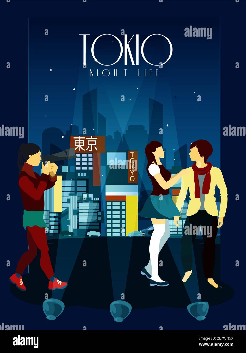 Tokyo night life poster with lights and teens in front and skyscrapers ...