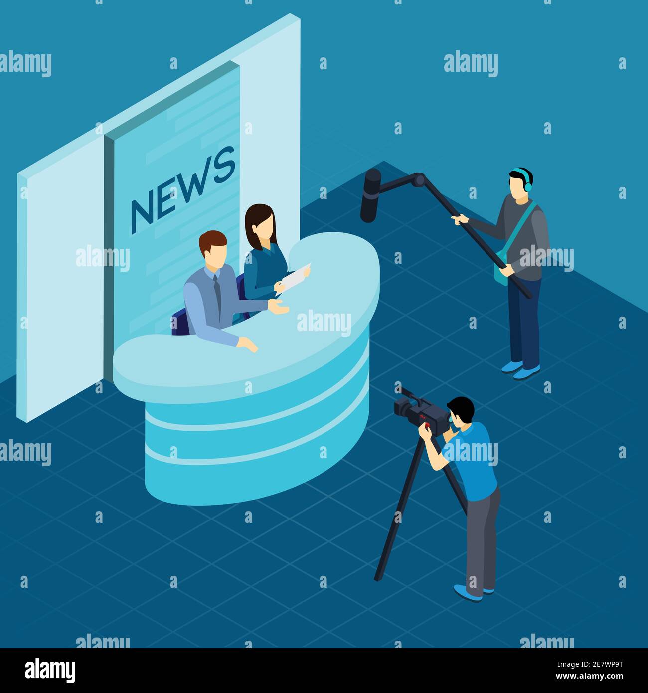 Professional journalist at work broadcasting breaking news live from tv ...