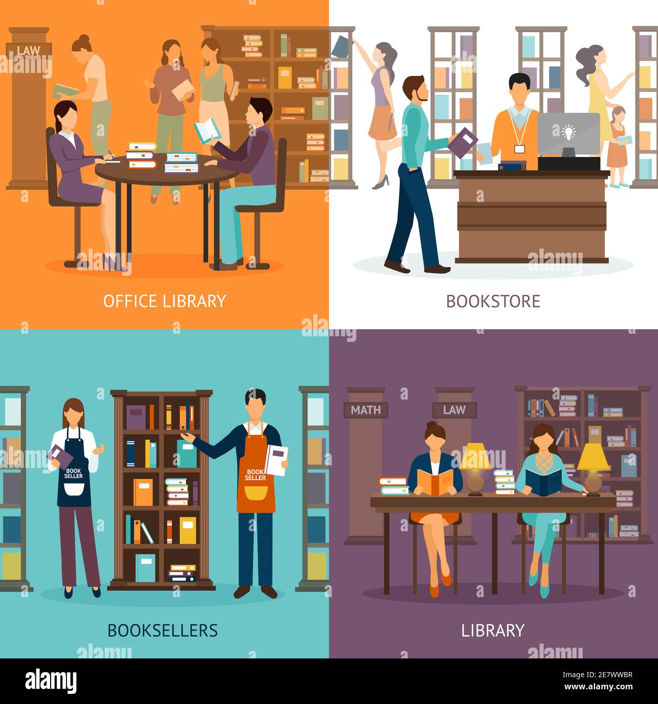 Set of 2x2 images presenting scenes of library services like library ...