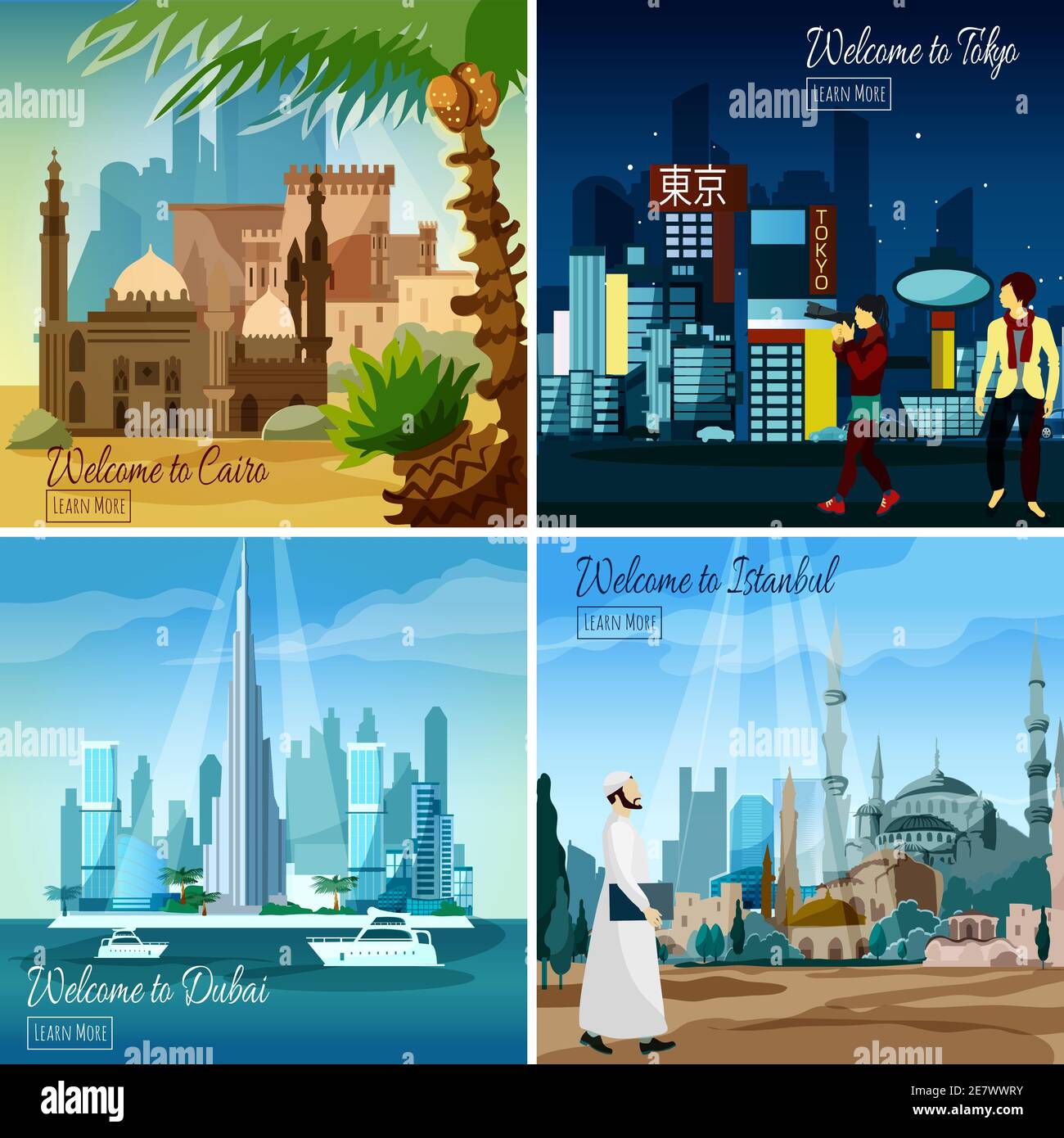 Set of flat tourist cards with eastern cityscapes isolated vector ...
