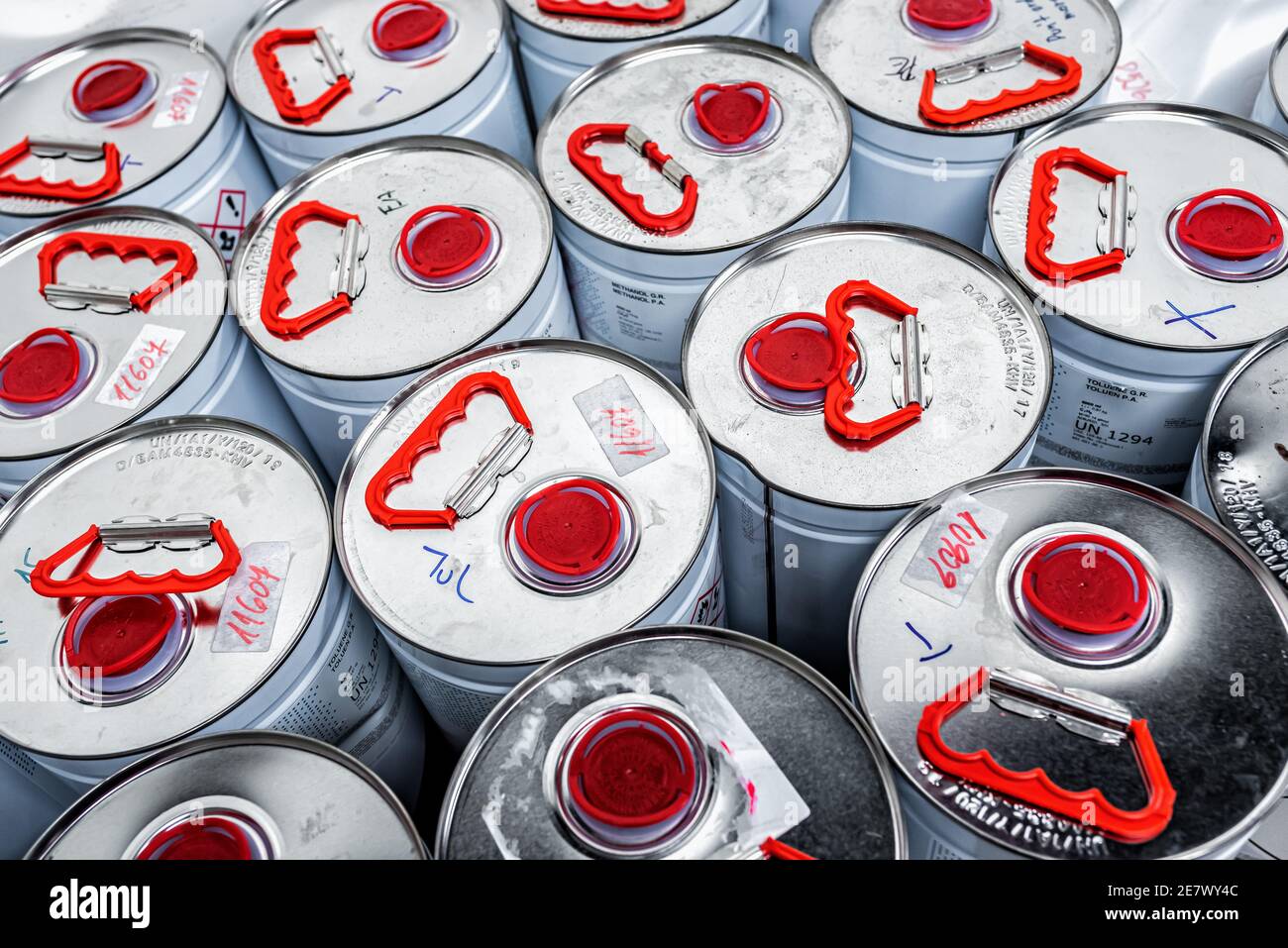 Metal tin containers for storing chemicals, chemistry background Stock ...