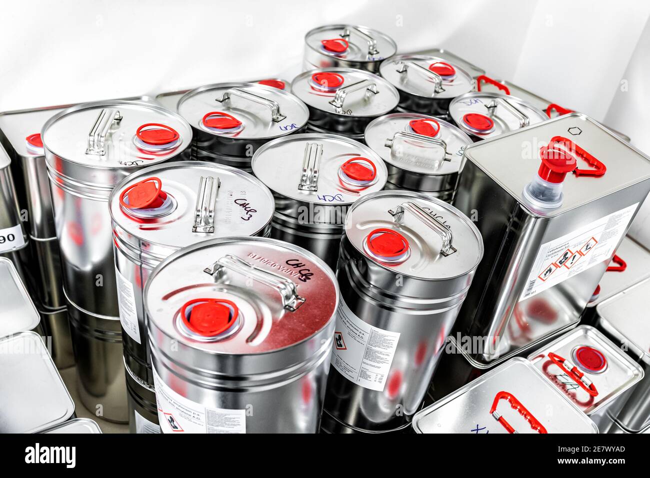 Metal tin containers for storing chemicals, chemistry background Stock ...
