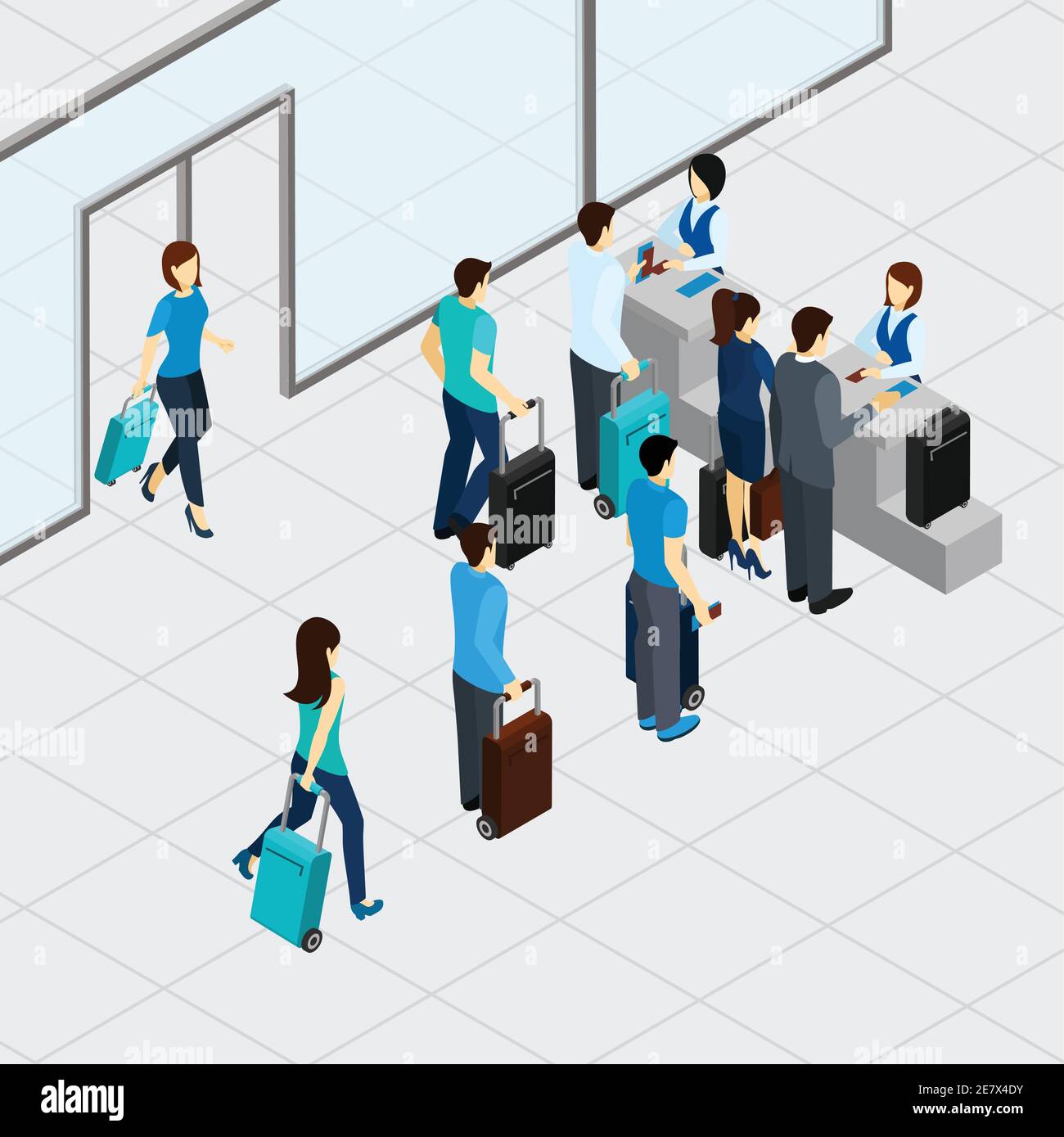 Airport check in line with isometric people with suitcases vector ...