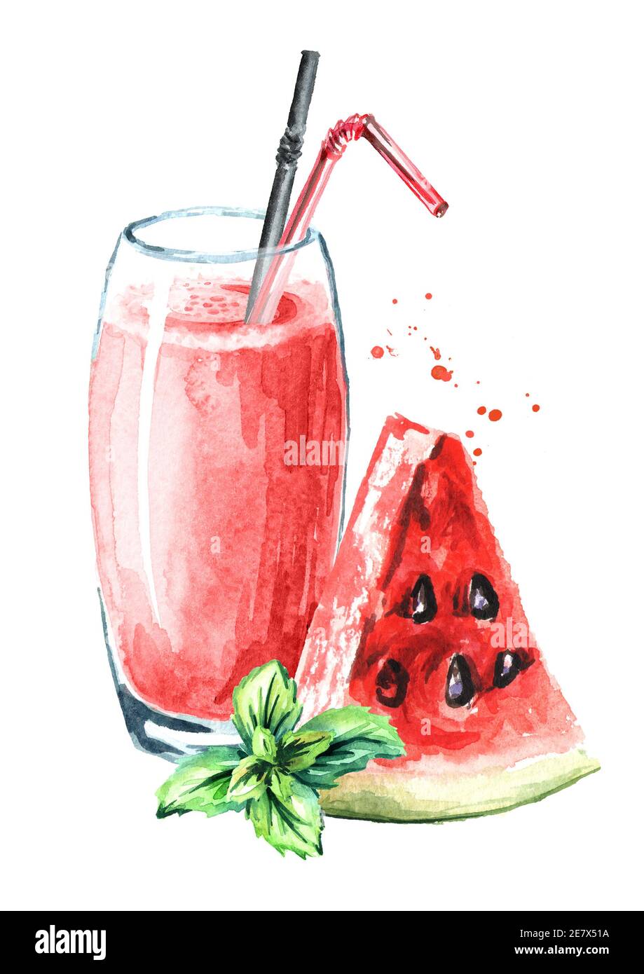 Watermelon smoothies with mint. Watercolor hand drawn illustration ...