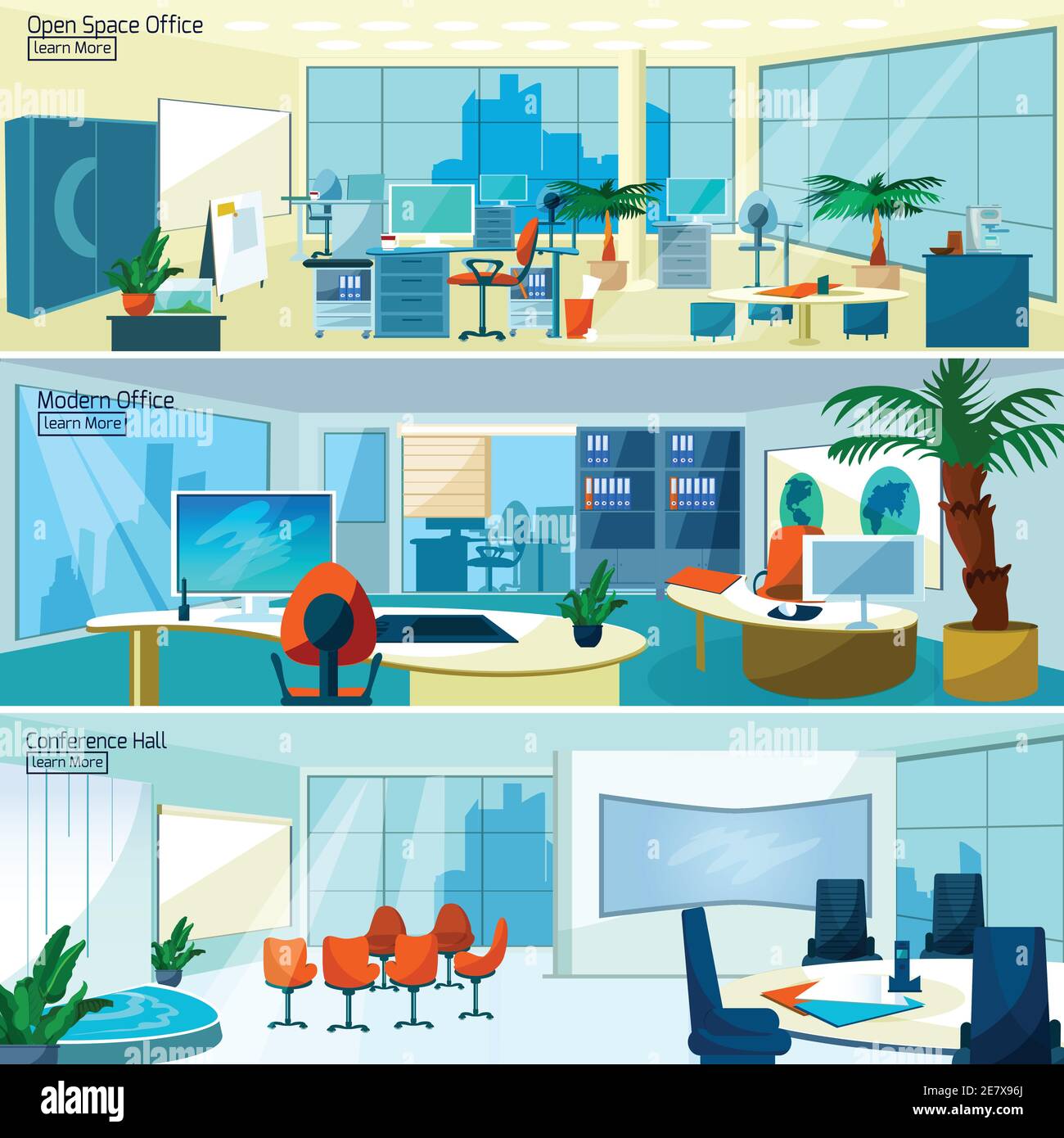 Office interiors horizontal banners set with conference hall and open ...