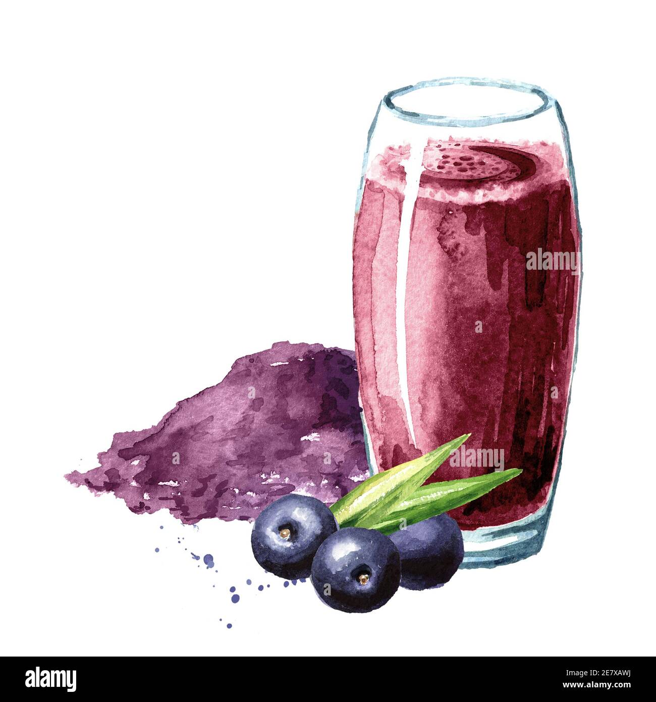 Glass of acai juice with acai powder and fresh berries. Watercolor hand ...