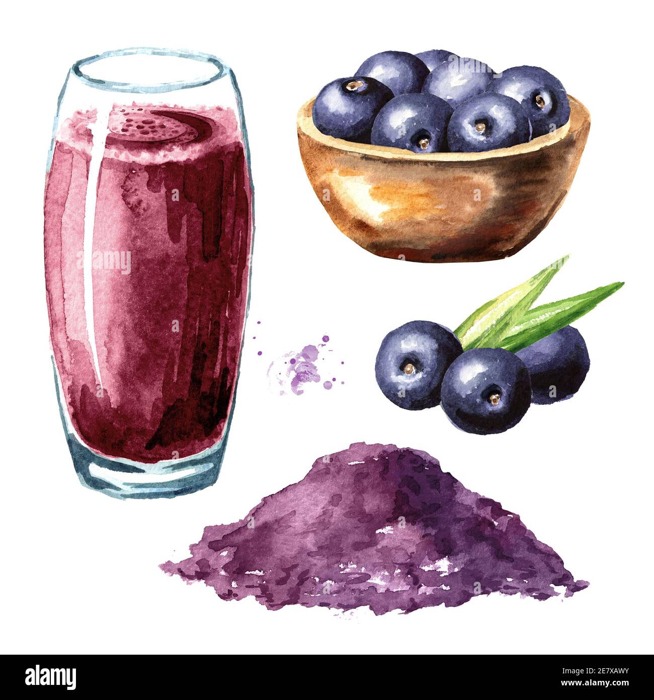 Acai set. Powder, glass of acai juice and fresh acai berries ...