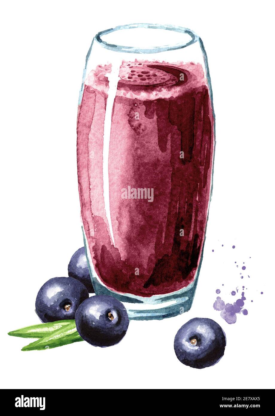 Glass of acai juice with fresh acai berries. Watercolor hand drawn ...