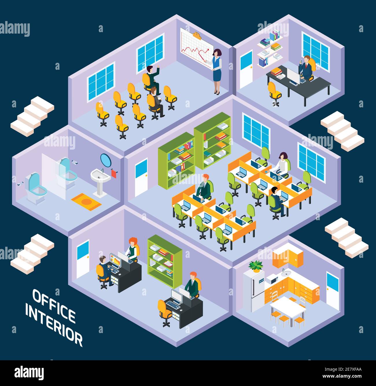 Office isometric interior with conference room, reception working space ...