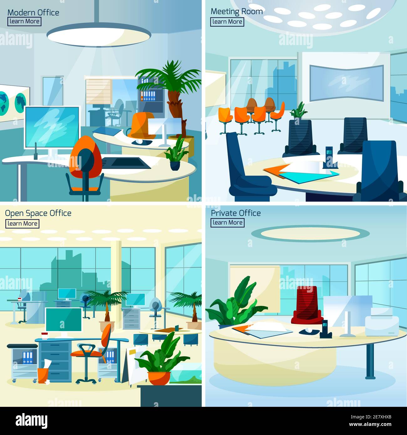 Modern office interiors 2x2 design concept set with meeting room open ...
