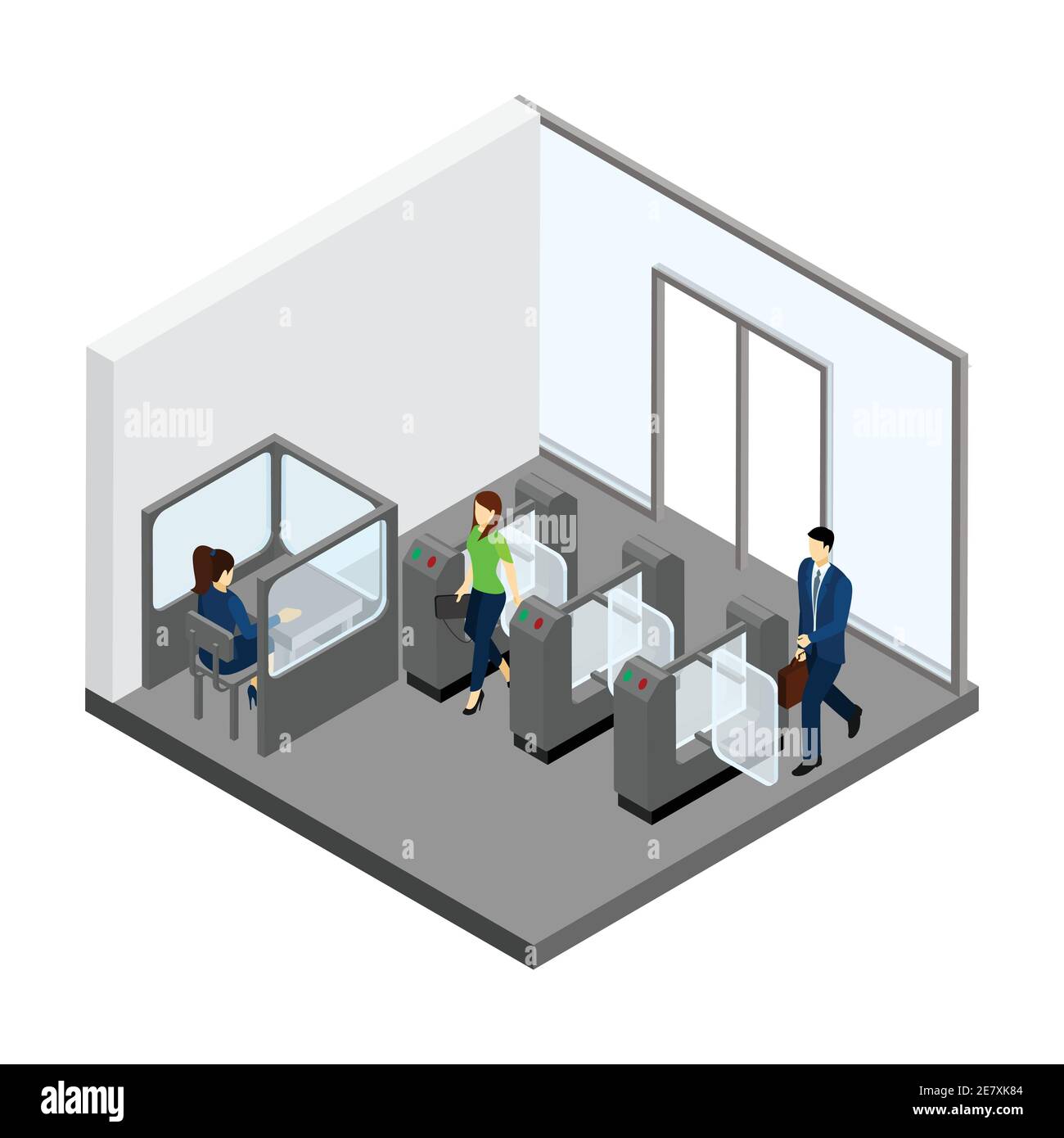 Underground entrance with people turnstiles and tickets isometric ...