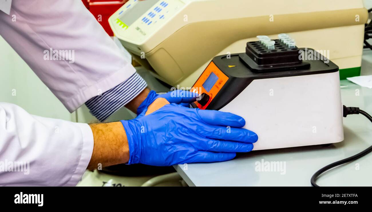 Lab scientist setting thermo shaker machine with DNA or RNA sample ...
