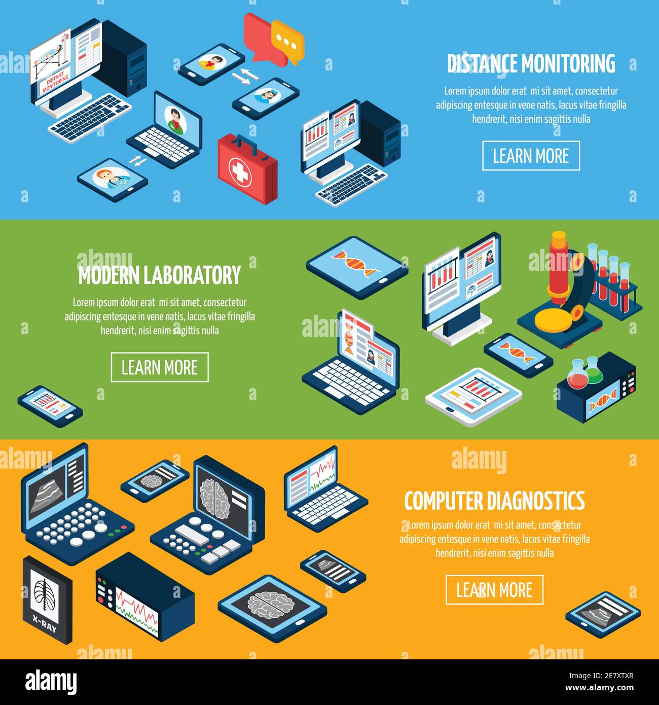 Telemedicine horizontal banners set with computer laboratory isometric ...