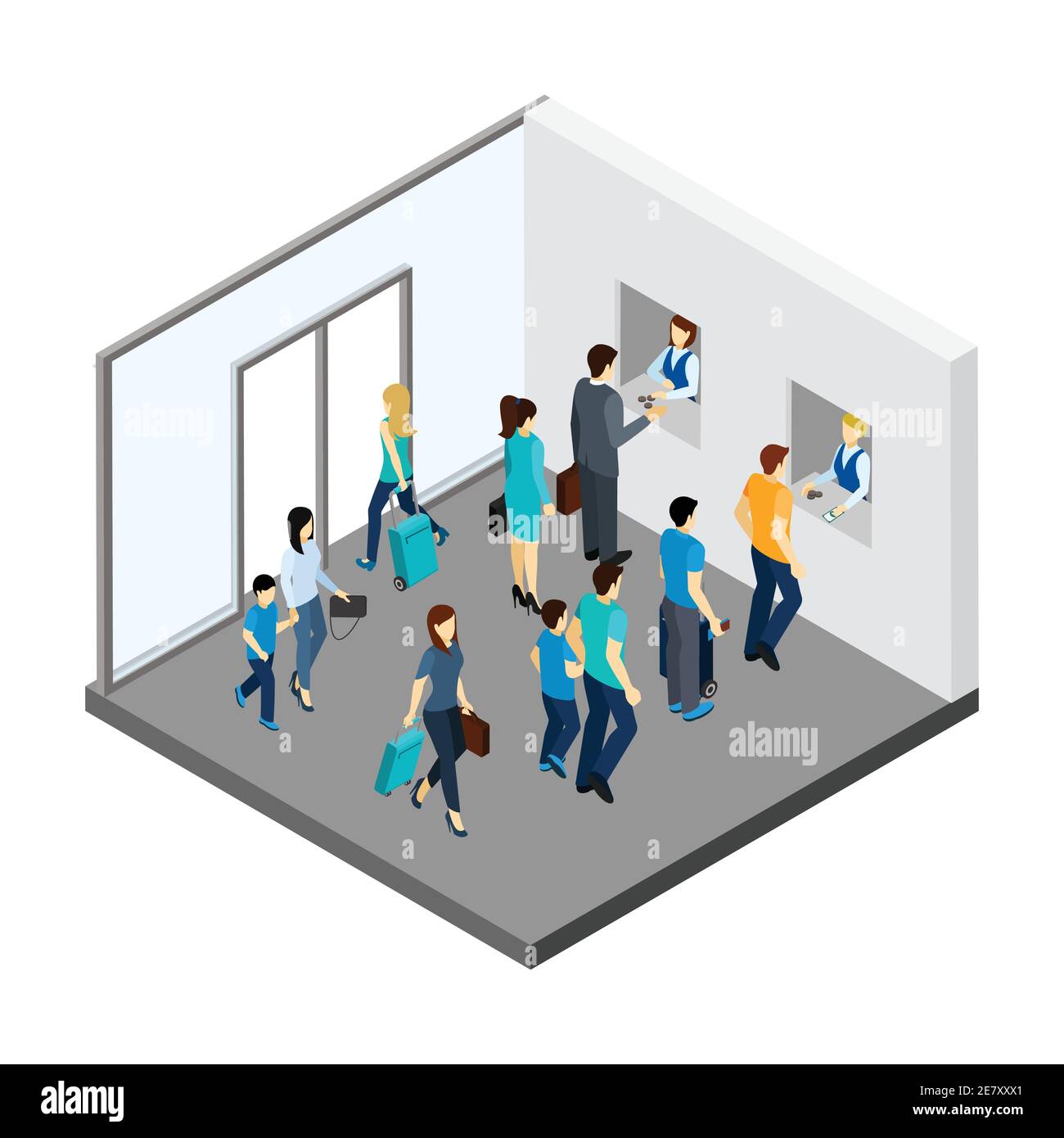 Underground people with luggage and queue for tickets isometric vector ...