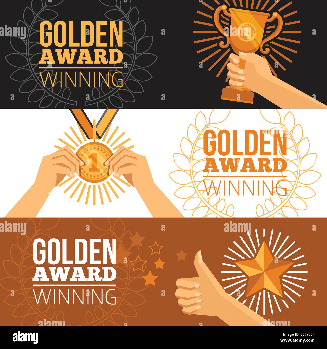 Awards horizontal banners set with cup star and medal flat isolated ...
