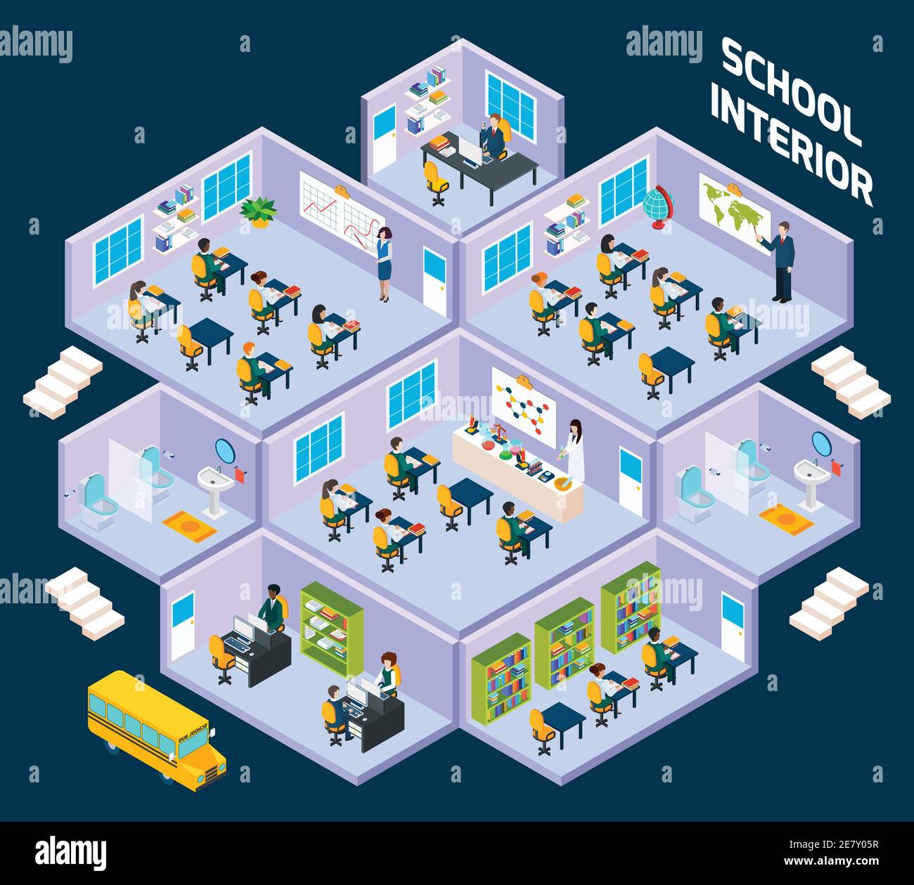 School isometric interior with classroom indoors full of students and ...