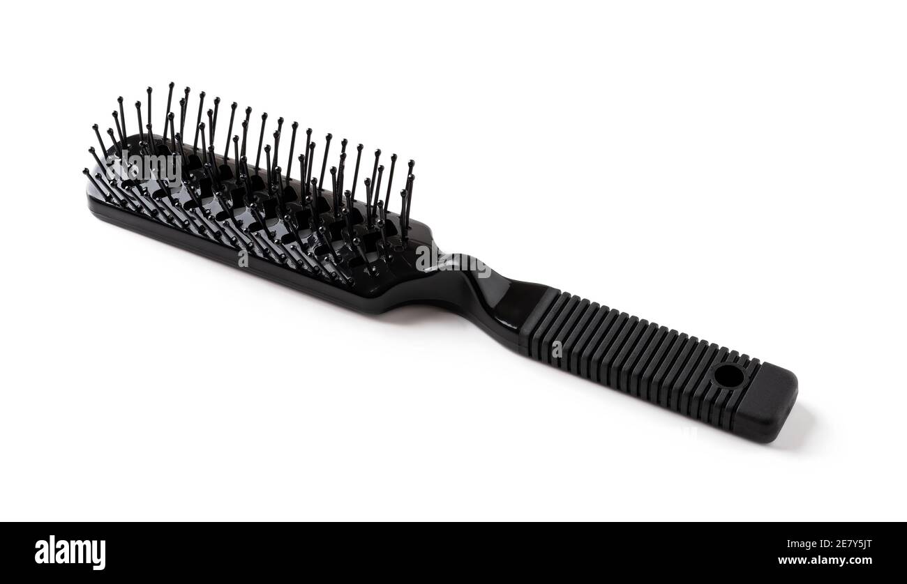 New black hair brush with handle isolated on white background. Combing ...