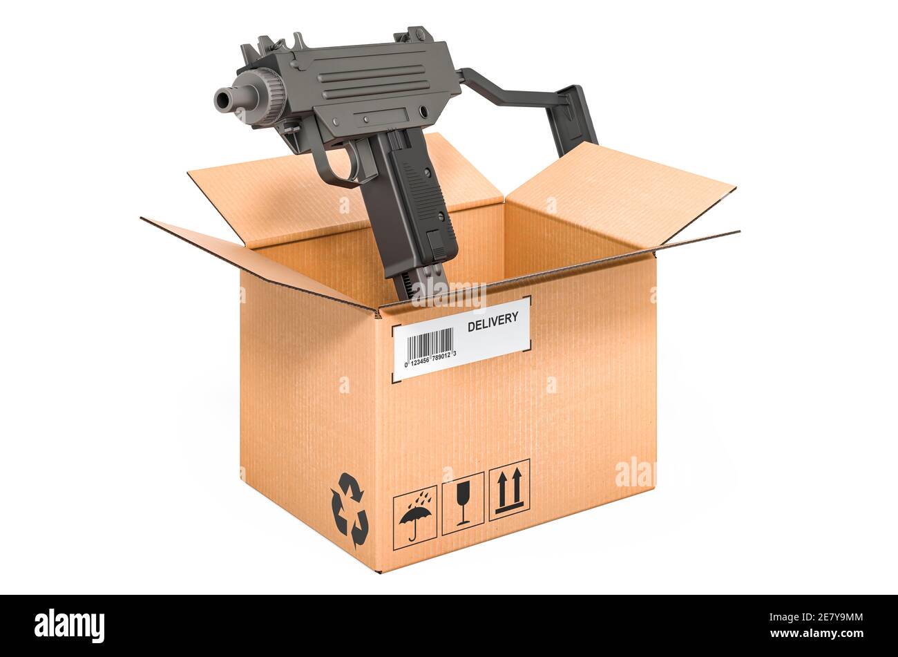 Submachine gun inside cardboard box, delivery concept. 3D rendering ...