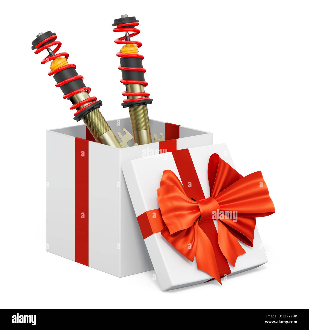 Shock absorber inside gift box, present concept. 3D rendering isolated ...