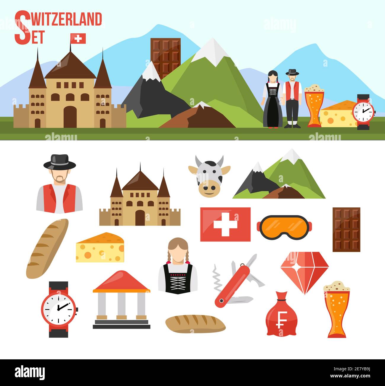 Switzerland symbols set with flat icons of food money and people ...