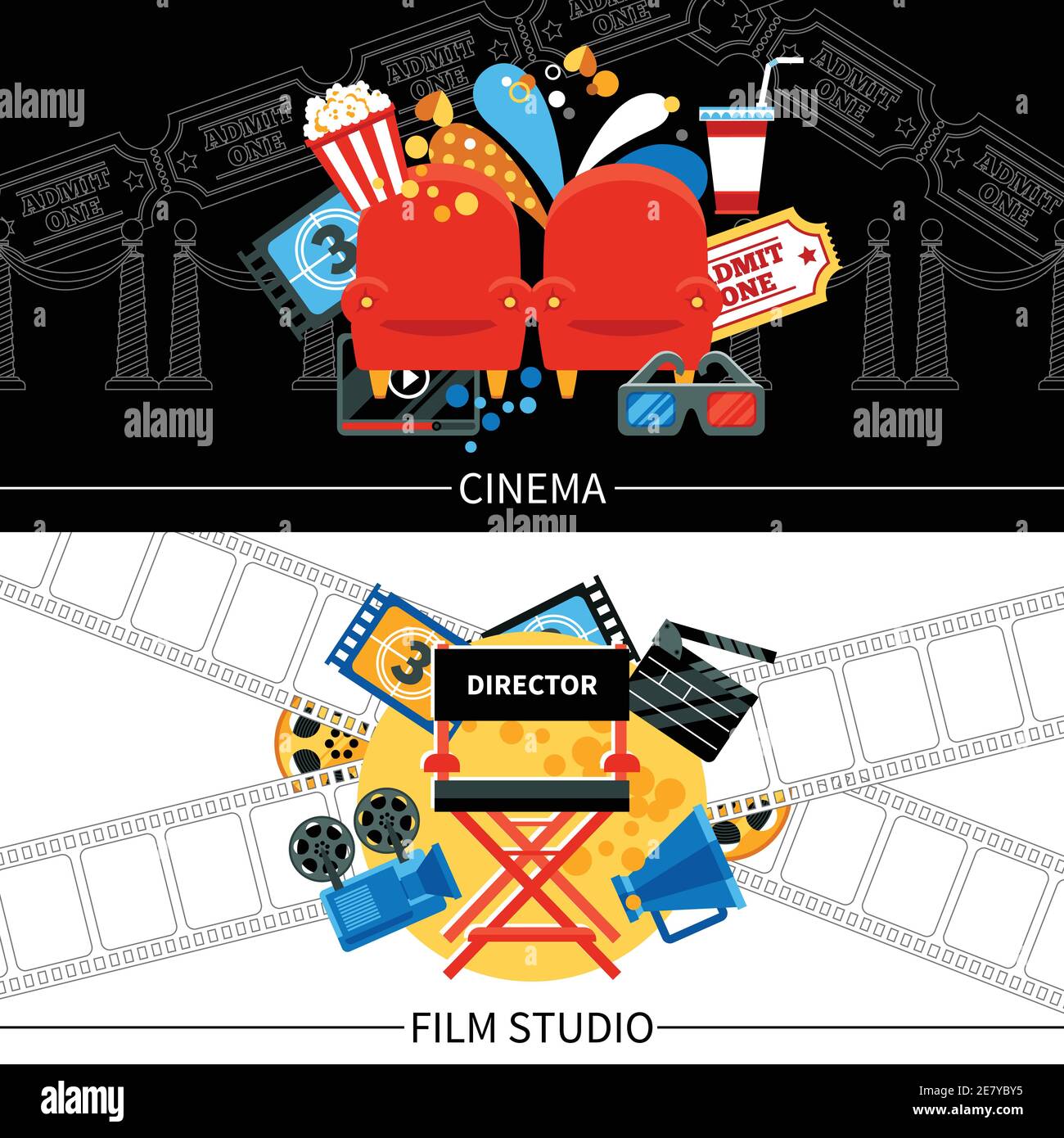 Cinema horizontal banners set with film studio symbols flat isolated ...