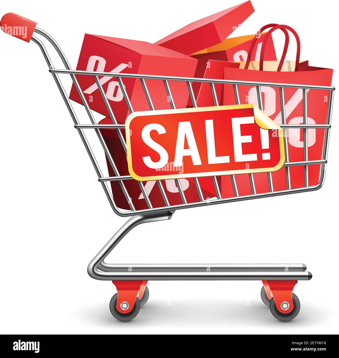 Self-service department store shopping trolley cart full with red ...