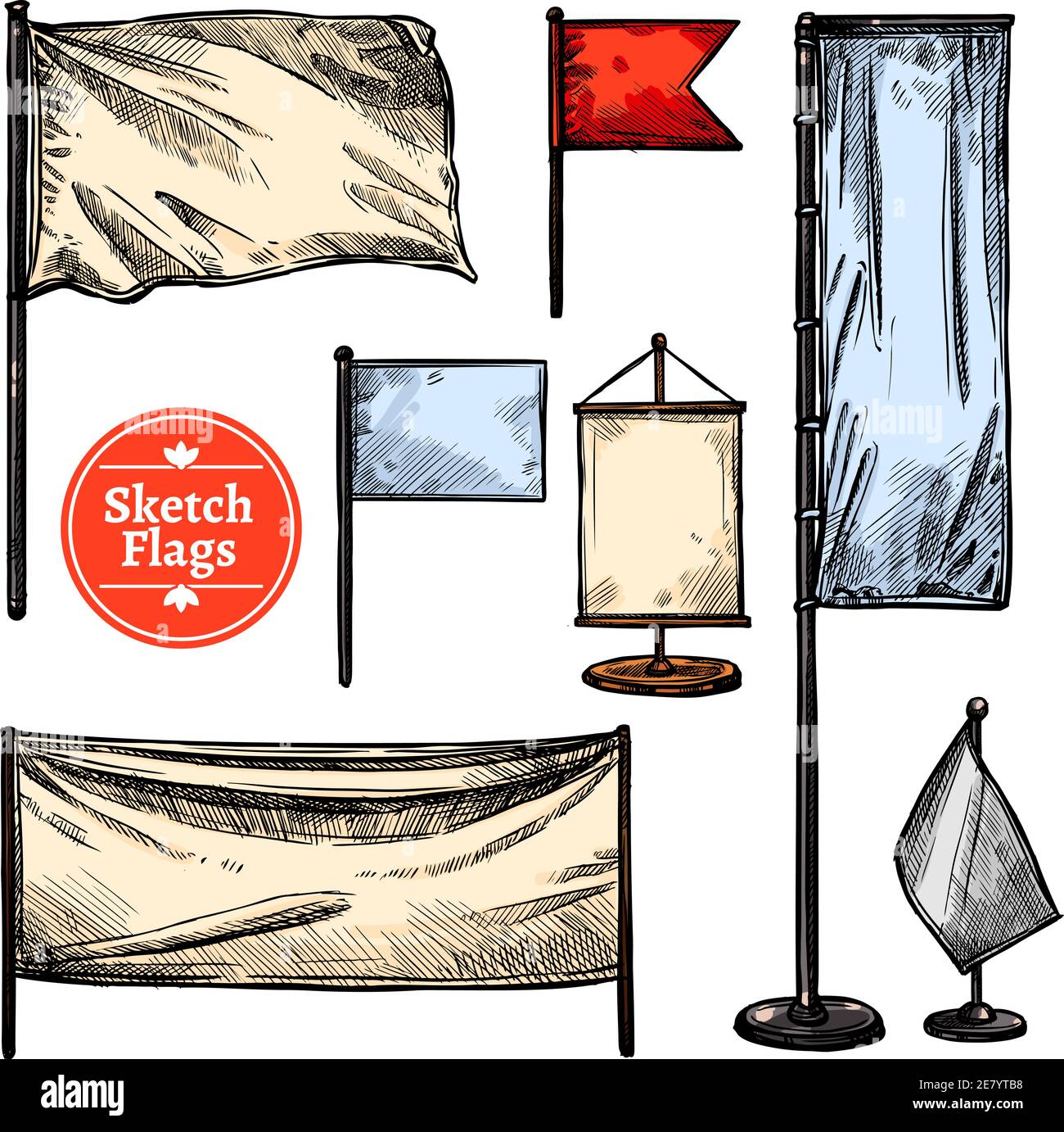 Sketch colored flags set in different shape and color isolated vector ...