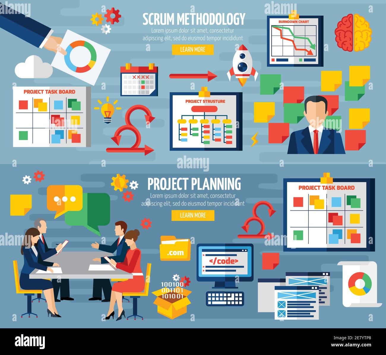 Scrum agile development methodology teamwork 2 colorful horizontal banners with sprint project ...