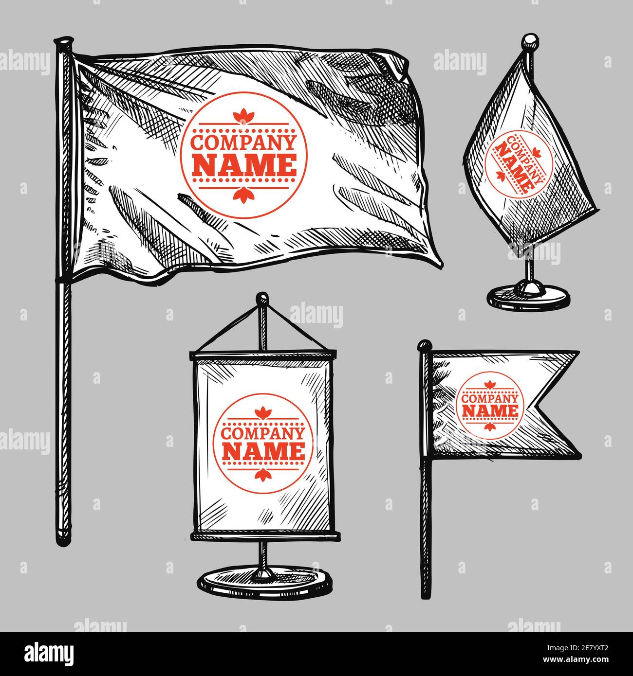 Sketch flags set with a company logo on grey background isolated vector ...