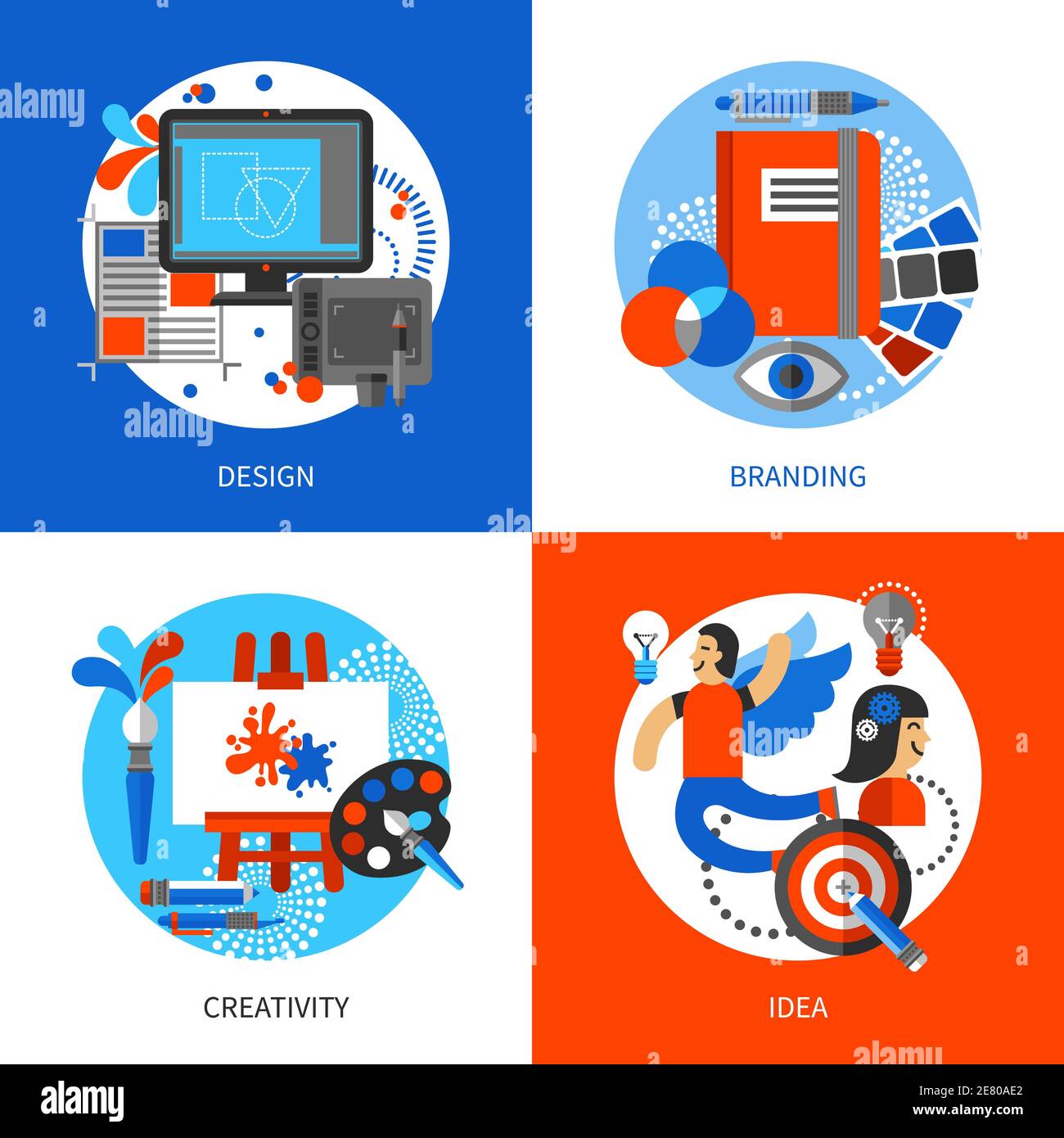 Creative design concept icons set with branding and creativity symbols flat isolated vector ...