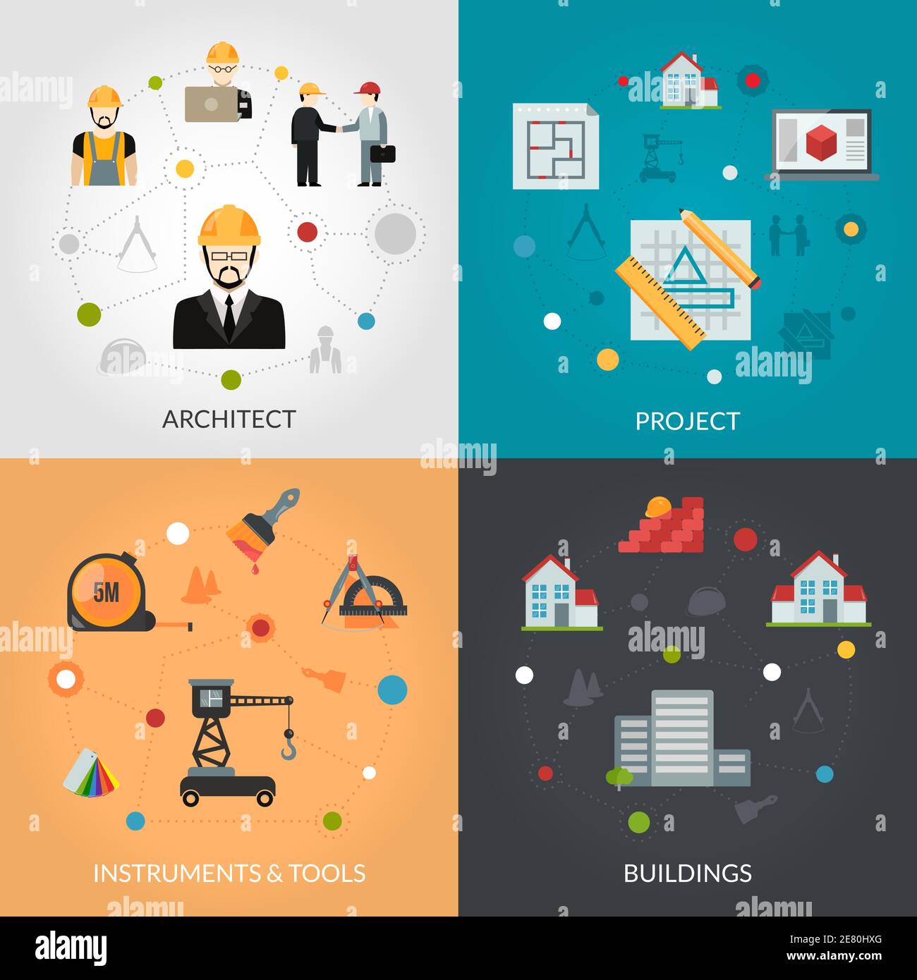 Architect design concept set with house project and building tools flat ...