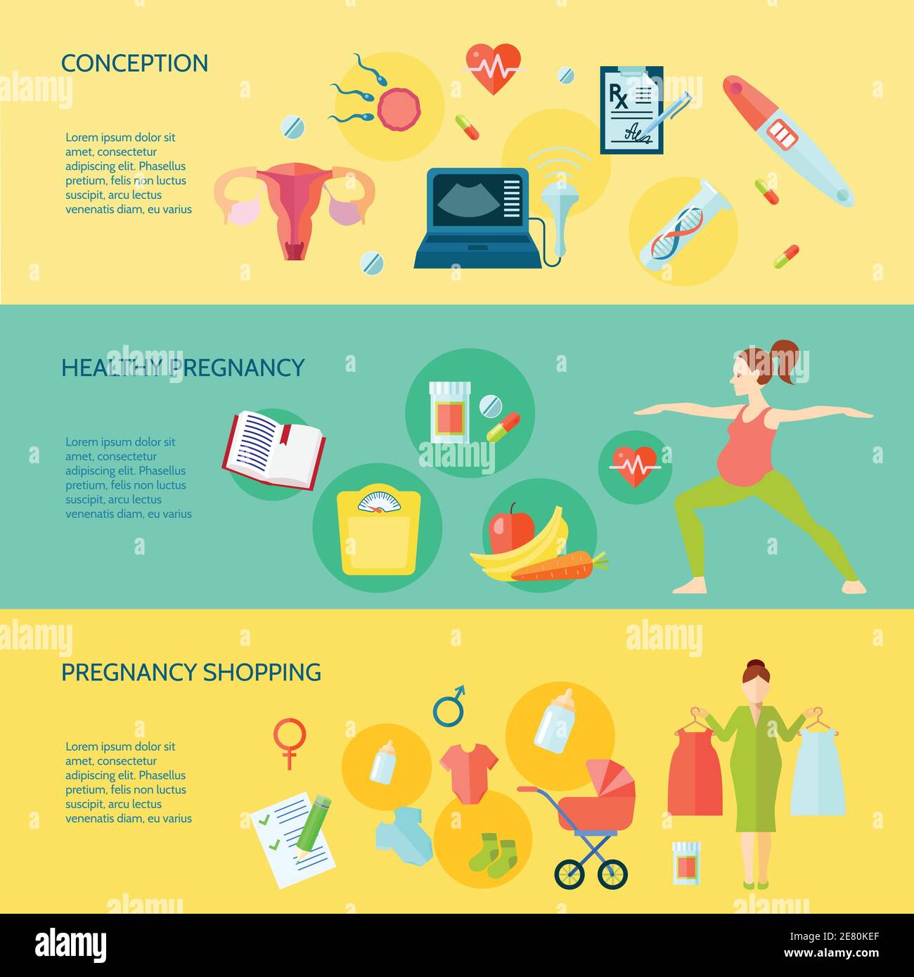 Pregnancy horizontal banners set with pregnancy shopping symbols flat ...