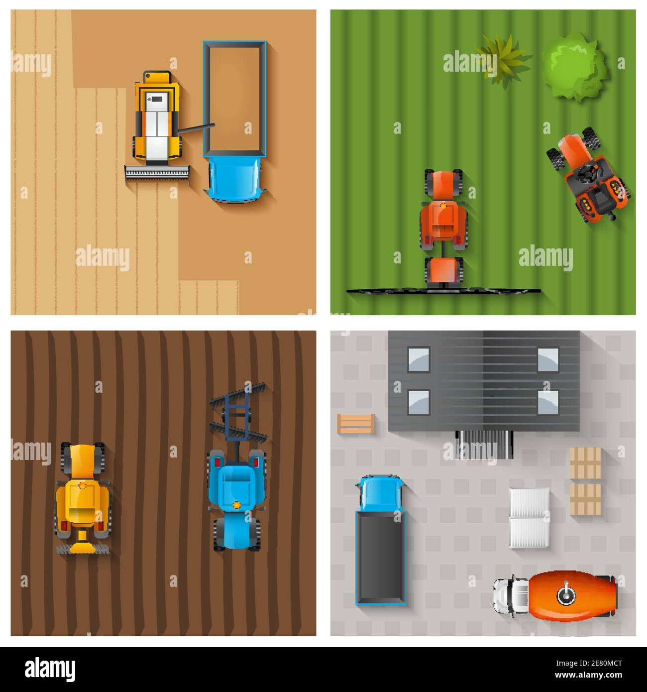 Agricultural work design concept set with industrial machinery top view ...