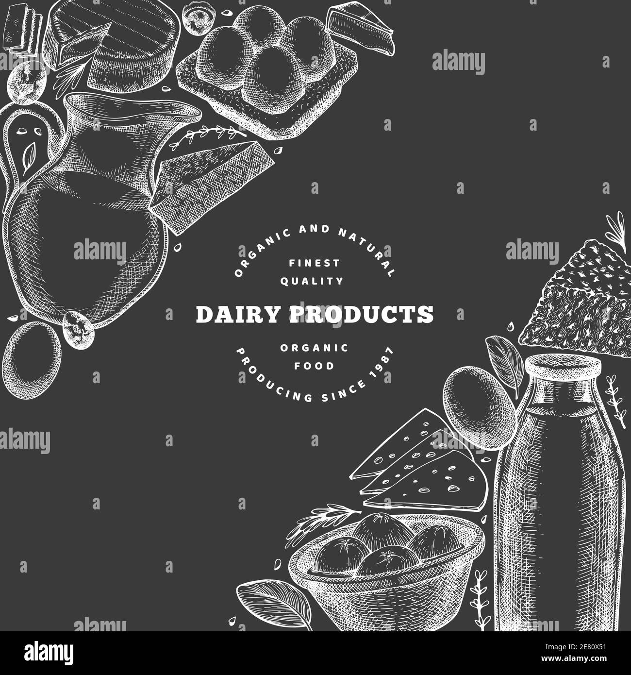 Farm food design template. Hand drawn vector dairy illustration on ...