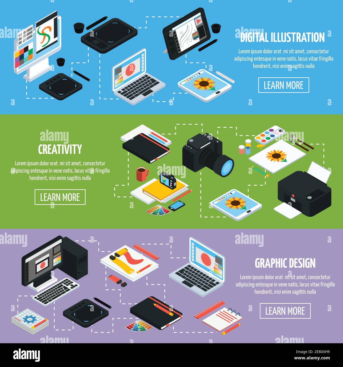 Graphic design isometric horizontal banners with instruments for ...