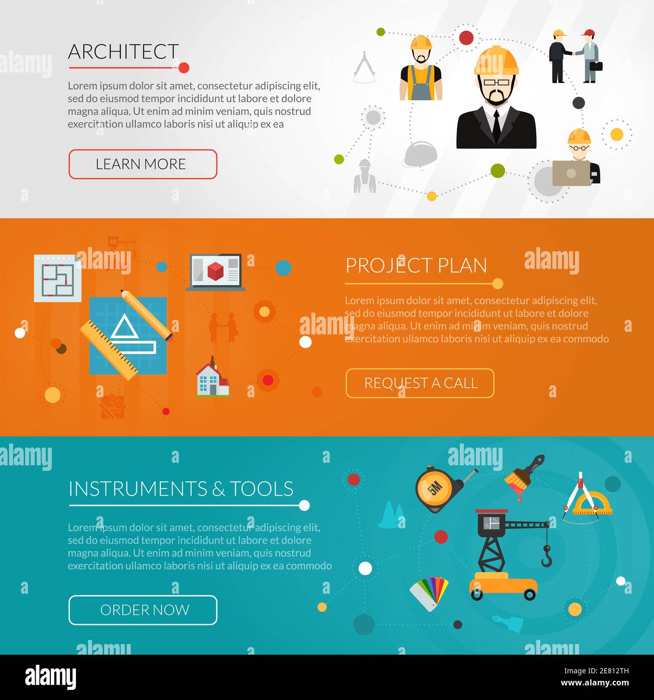 Architect horizontal banner set with project plan flat elements ...