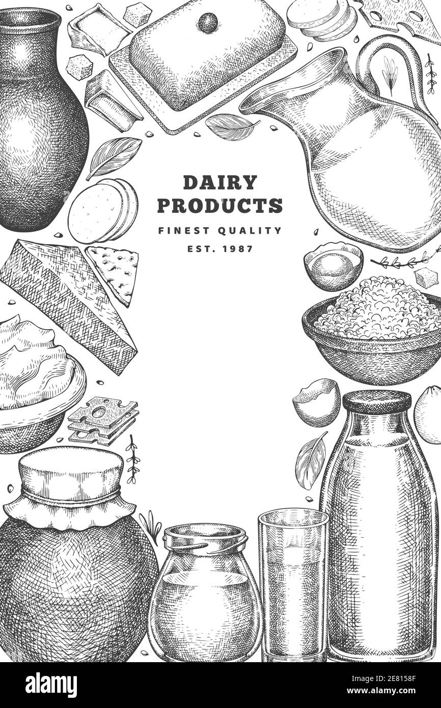 Farm food design template. Hand drawn vector dairy illustration ...