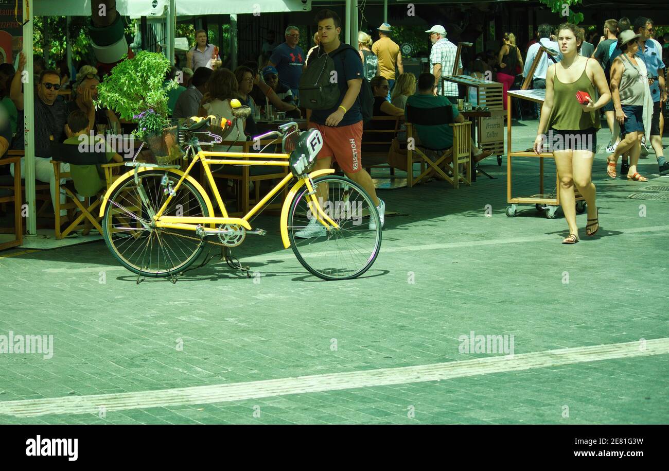 Crete, Greece - September 11, 2017: A retro yellow bicycle with a wifi ...
