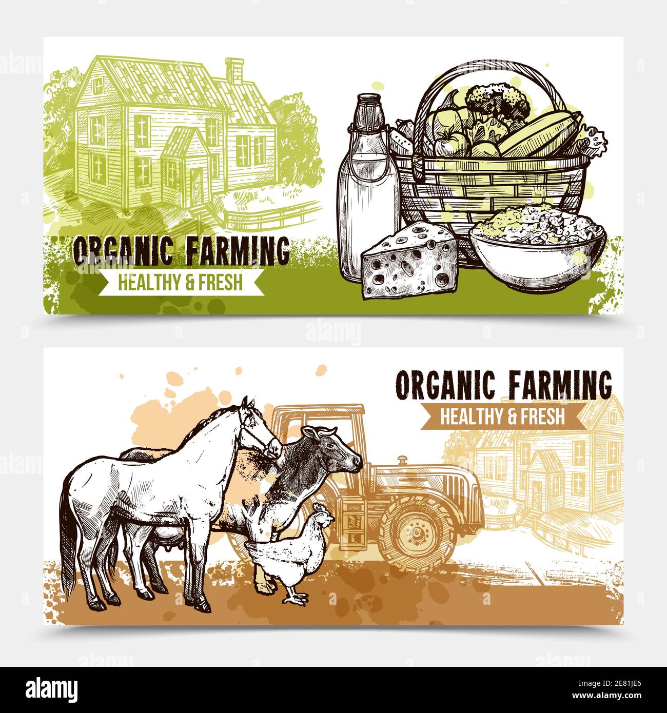 Organic farming horizontal banners with healthy and fresh food ...