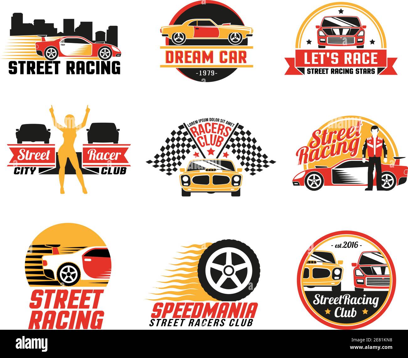 Street racing clubs labels emblems collection with dream car golden ...