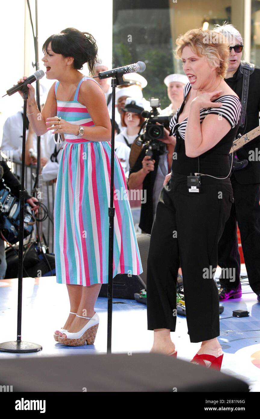 Singer Lily Allen performs with singer Deborah Harry of Blondie on the ...