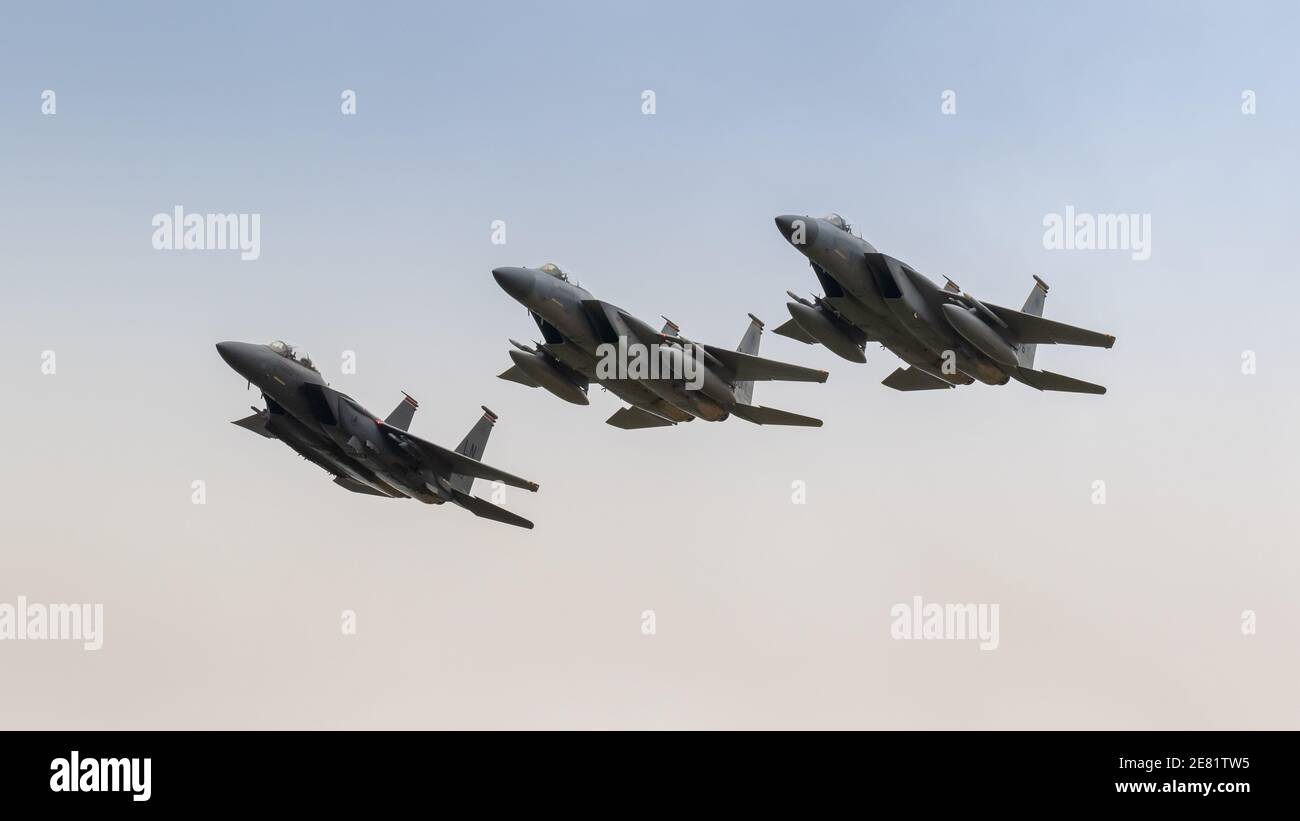 Fairford, UK - 15th July 2017: Formation of three USAF F15 Fighter jets ...