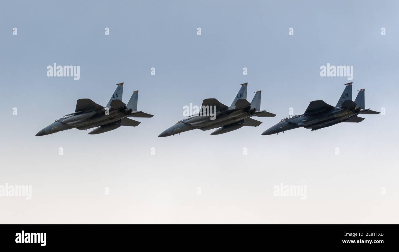 Fairford, UK - 15th July 2017: Formation of three USAF F15 Fighter jets ... Fairford, UK - 15th July 2017: Formation of three USAF F15 Fighter jets ...