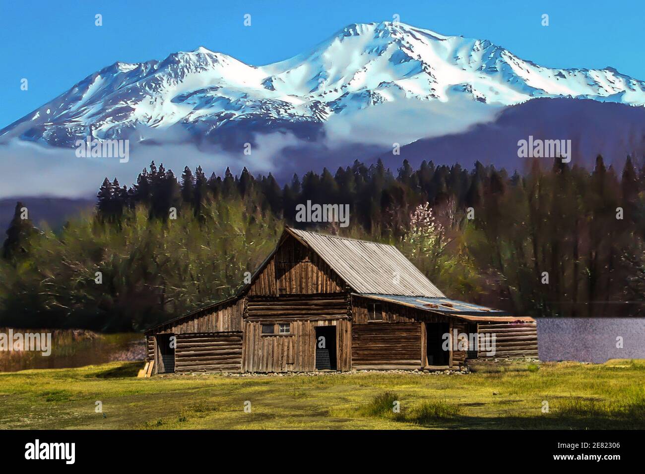 Composite of a Scenic barn in front of Mt. Shasta Stock Photo - Alamy