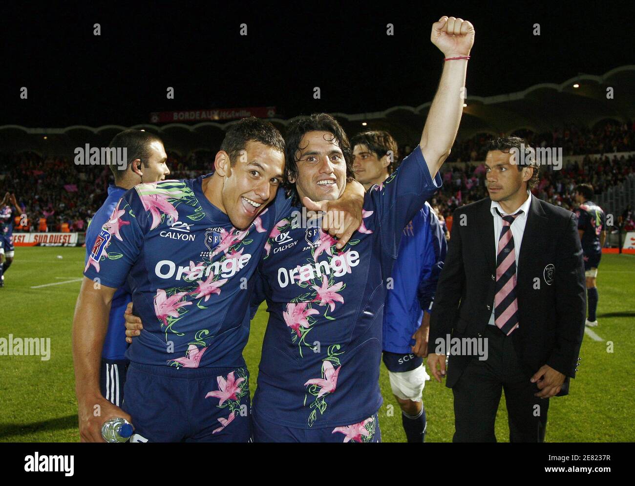 Stade Francais' Julien Arias and Augustin Pichot celebrate the victory ...
